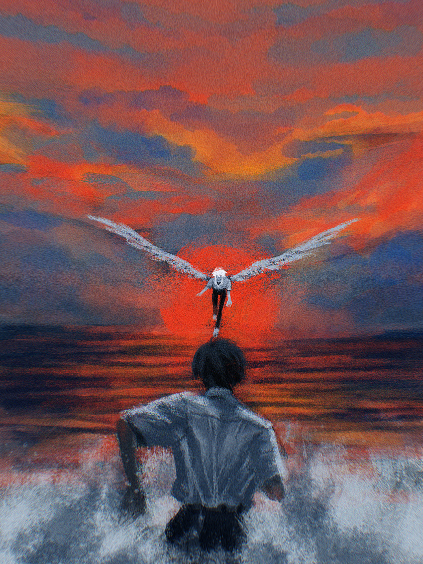 Safebooru - 2boys black hair black pants clouds cloudy sky cowboy shot ...