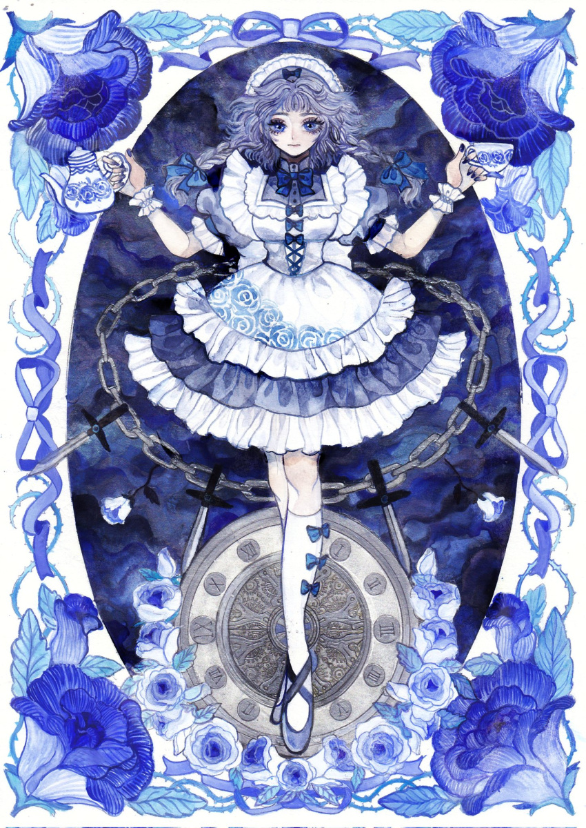 Safebooru 1girl Apron Blue Dress Blue Eyes Bow Braid Chain Clock Cup 1782