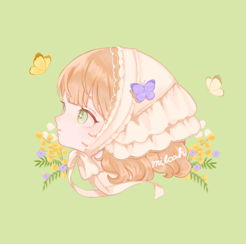 Safebooru - 1girl artist name blonde hair blush bug butterfly eyelashes flower green background ...