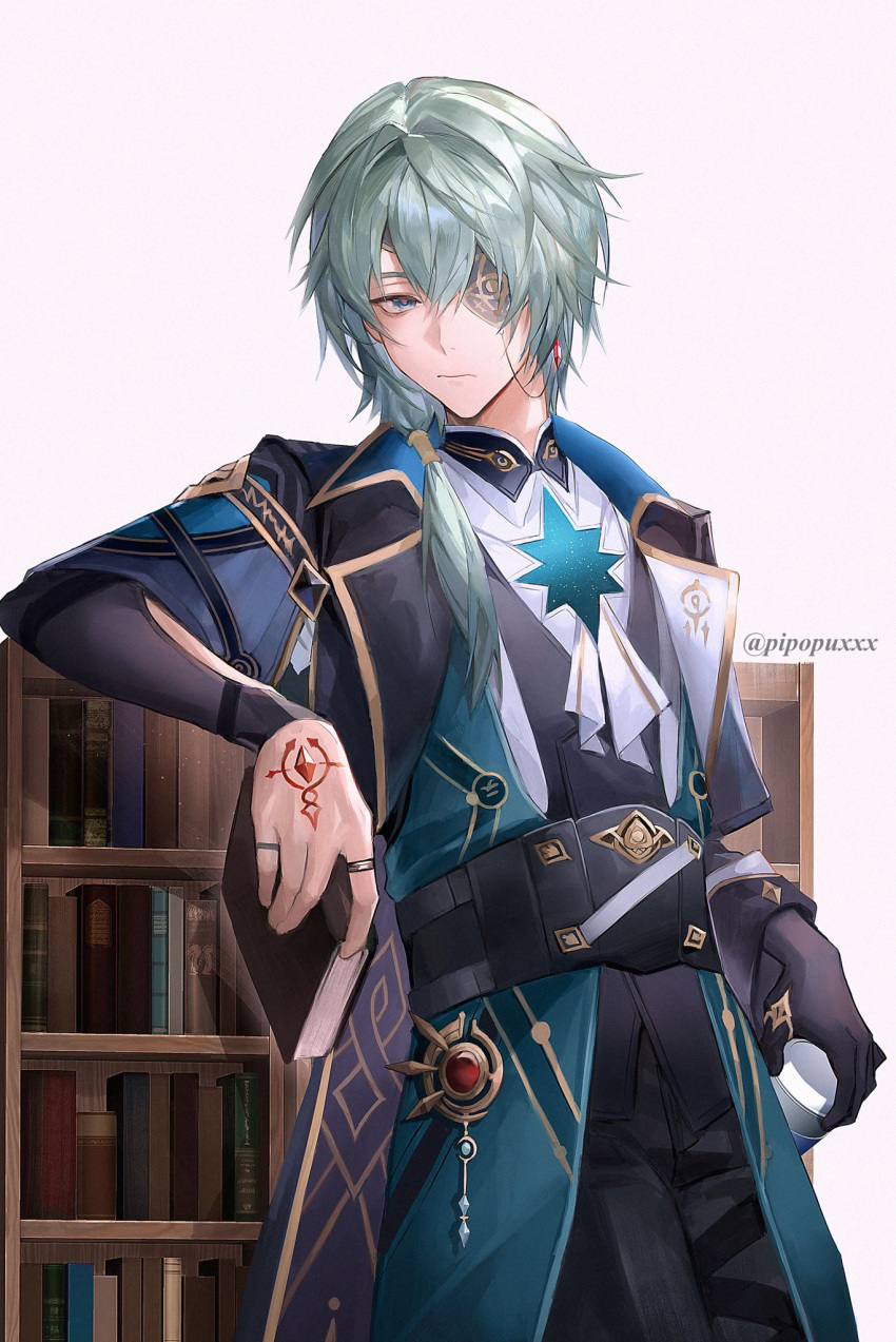 Safebooru - 1boy against bookshelf anaxa (honkai: star rail) aqua coat aqua eyes aqua hair arm ...