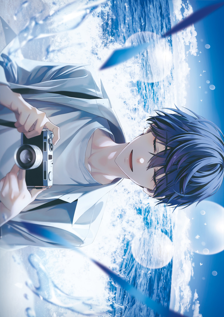 Safebooru - 1boy absurdres blue eyes blue sky blurry blurry foreground camera closed eyes clouds ...