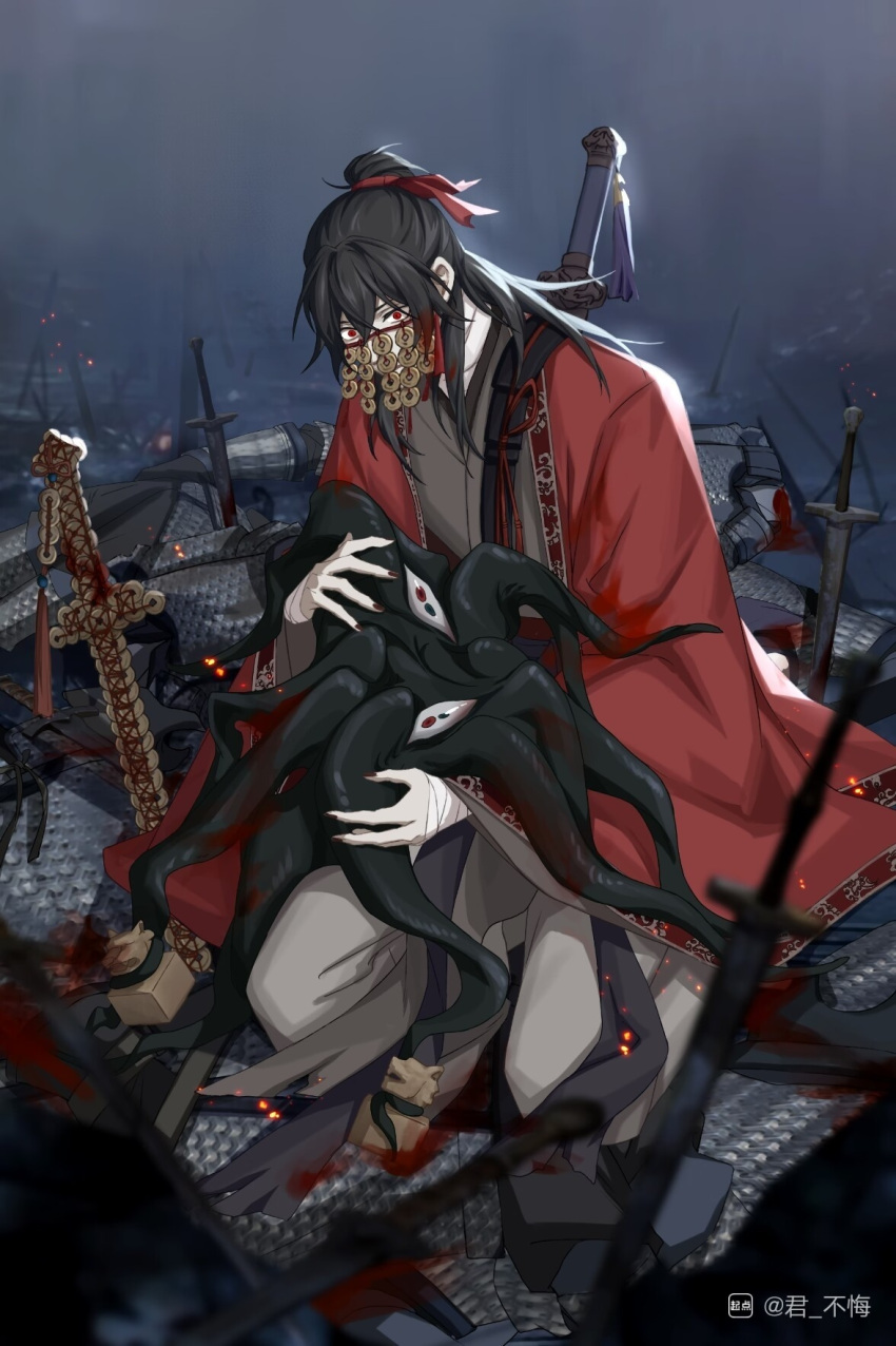 Safebooru - 1boy artist name bandaged hand bandaged neck bandages black hair black hanfu black ...