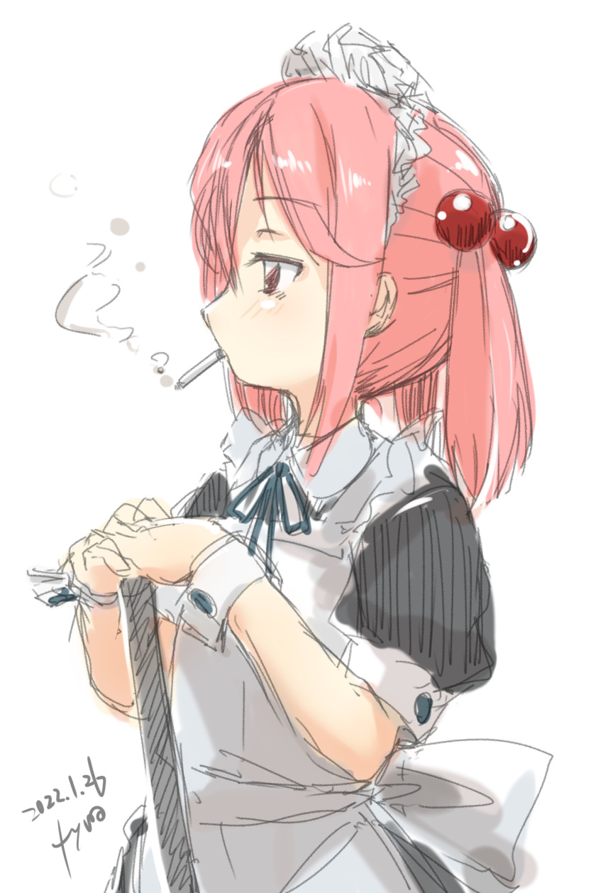 Safebooru - 1girl alternate costume apron bell black dress cigarette dress enmaided fyuo hair ...