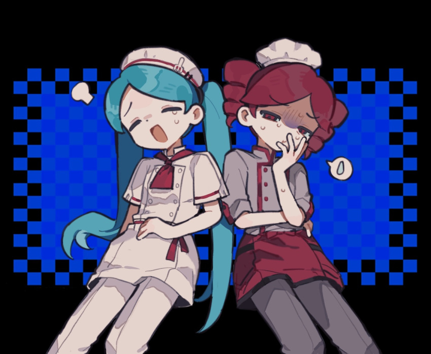 Safebooru - 2girls apron black background black pants blue background ...