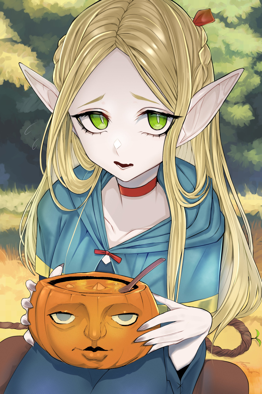 Safebooru - 1girl absurdres blonde hair blue robe bush commentary dungeon meshi elf english ...