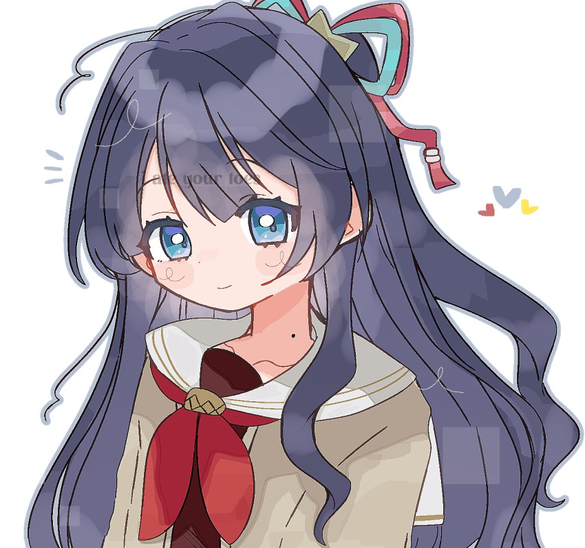 Safebooru - 1girl blue eyes blue hair blue outline blue ribbon blush brown cardigan brown dress ...