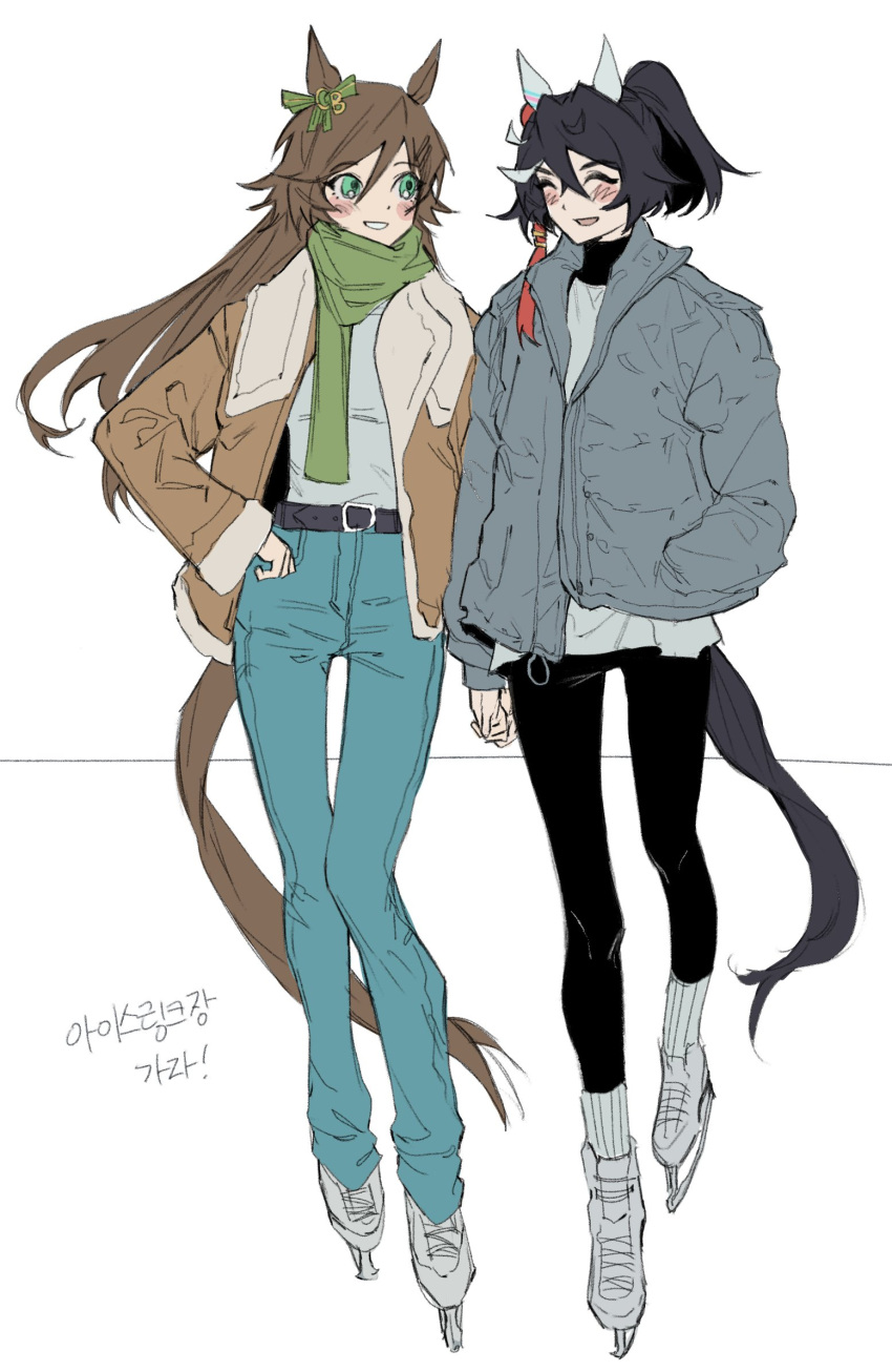 Safebooru - 2girls ^ ^ animal ears belt black hair black pants black tail blue pants blush brown ...