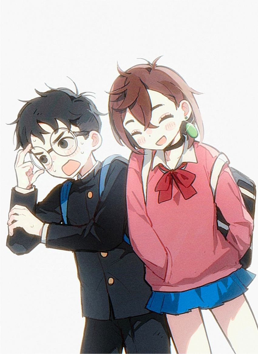 Safebooru - 1boy 1girl ^ ^ adjusting eyewear ayase momo backpack bag black bag black choker ...