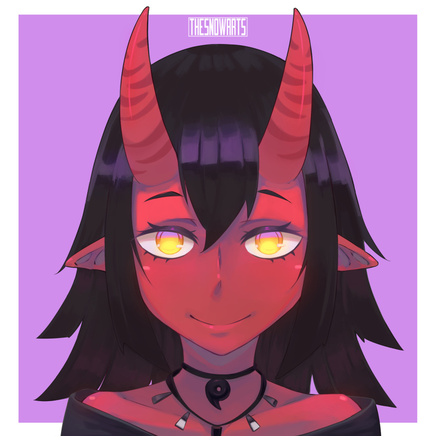 Safebooru - 1girl artist name bare shoulders black choker black hair choker colored skin ...