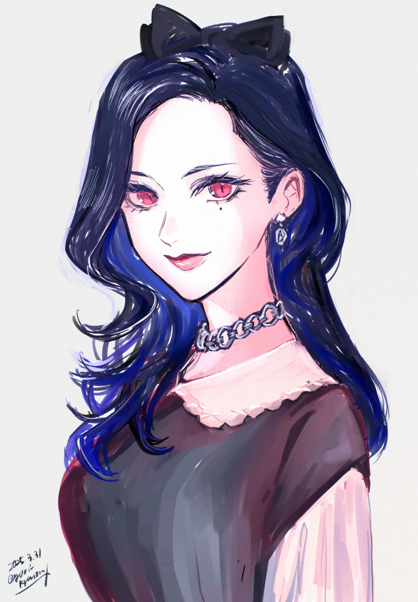 Safebooru - 1girl black bow black hair bow colored inner hair earrings grey background hair bow ...