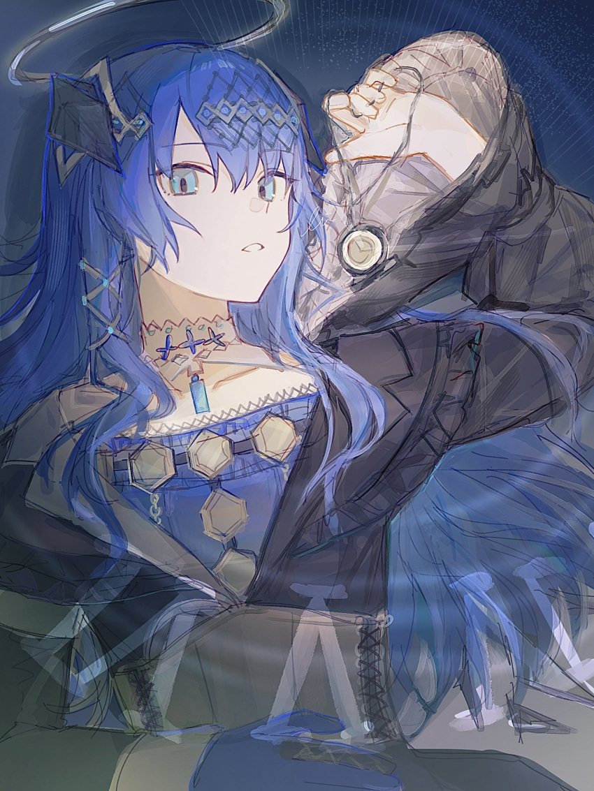 Safebooru - 1girl arknights black jacket blue eyes blue hair cnsmsoup demon horns hair ornament ...