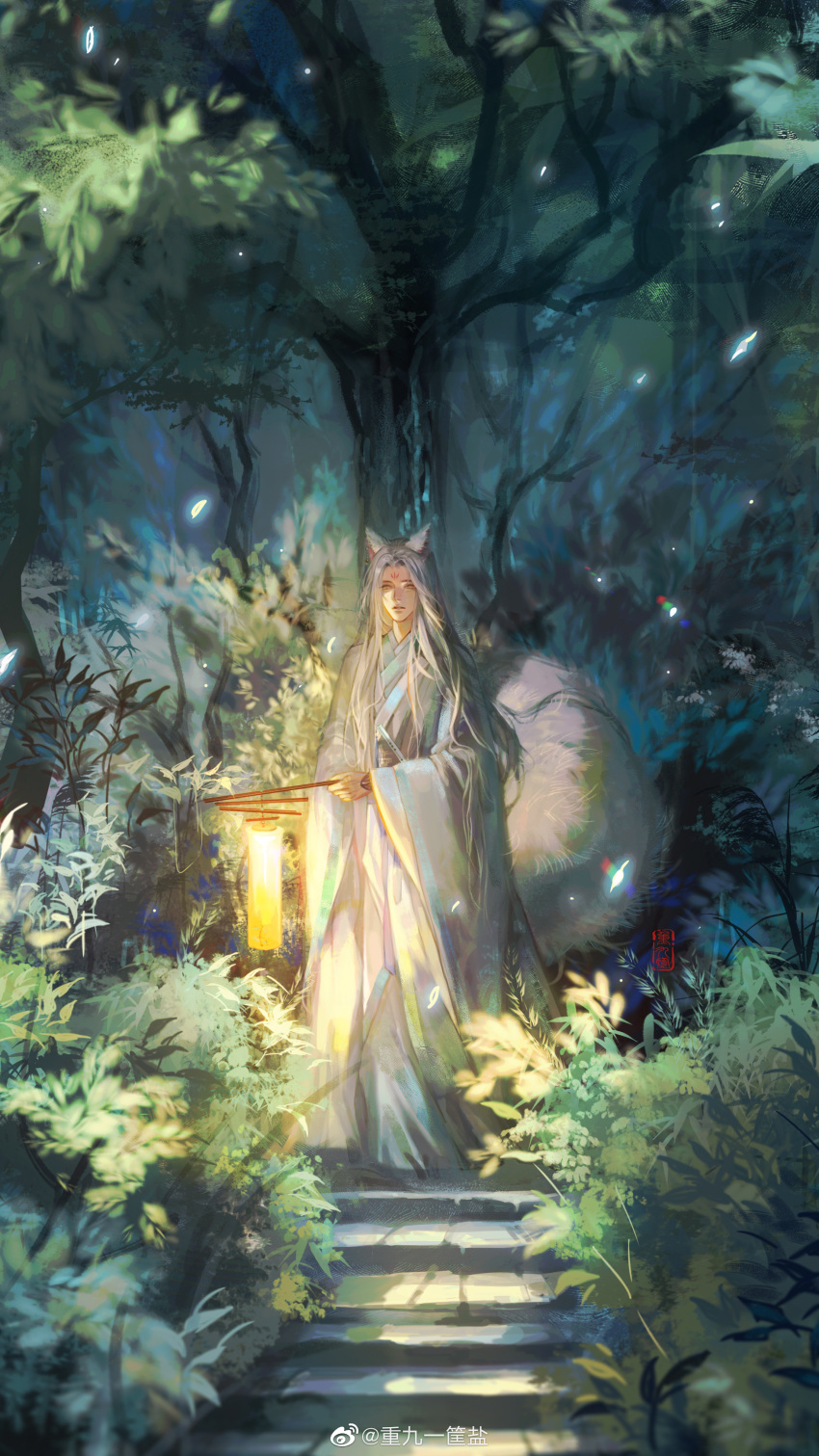 Safebooru - 1boy absurdres animal ears aqua coat bush chinese clothes ...