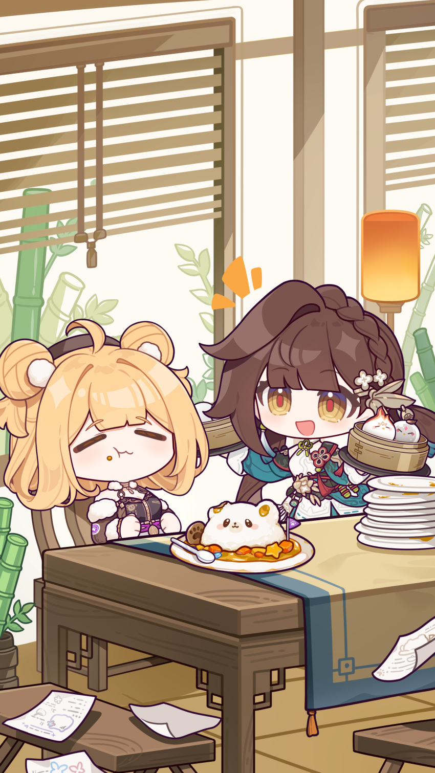 Safebooru - 2girls absurdres ahoge blonde hair braid brown hair chibi ...