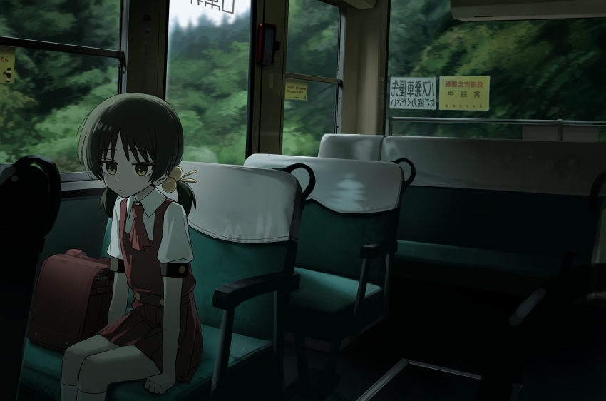 Safebooru - 1girl ascot backpack bag black hair brown eyes bus interior channel (caststation ...