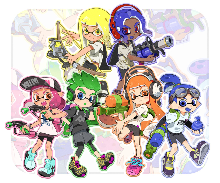 Safebooru - .96 gal (splatoon) 3boys 3girls :d aviator goggles baseball ...