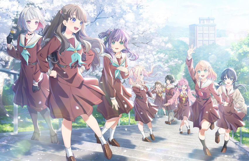 Safebooru - 6+girls :d ^ ^ anyoji hime aqua eyes aqua neckerchief arm up black bow black hair ...