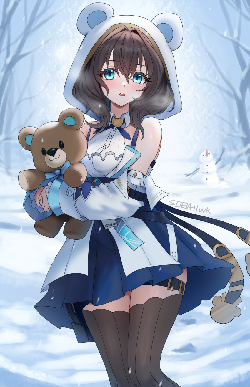 Safebooru - 1girl absurdres animal hood bare shoulders belt blue eyes blush breath brown hair ...