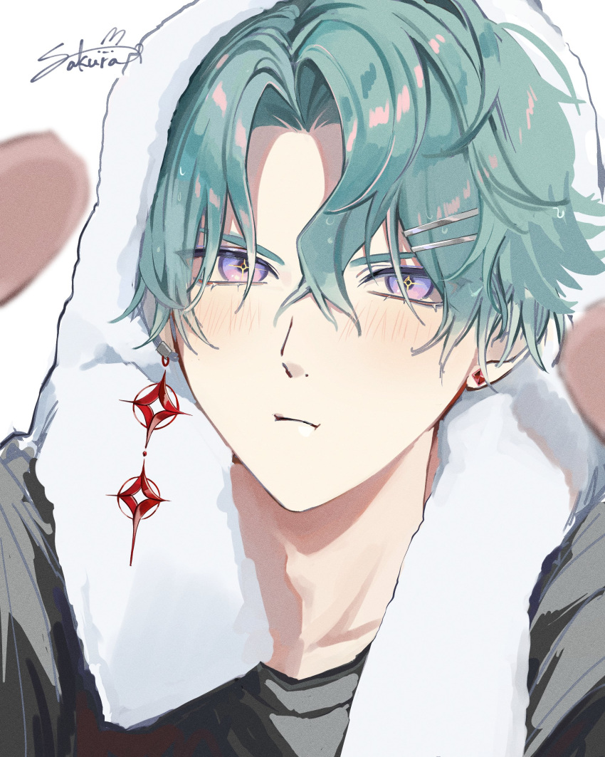 Safebooru - 1boy :i absurdres black shirt blue hair blush closed mouth commentary crew neck ...