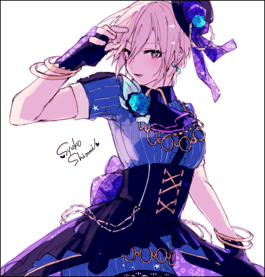 Safebooru - 1girl amane (7783) arm up black corset black skirt blue flower blue rose blue shirt ...