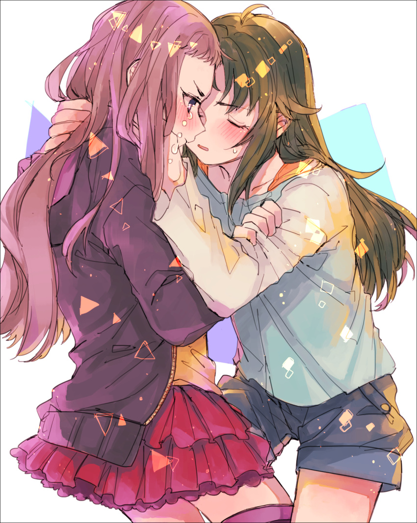 Safebooru - 2girls amane (7783) black jacket blue shirt blue shorts blush brown hair character ...