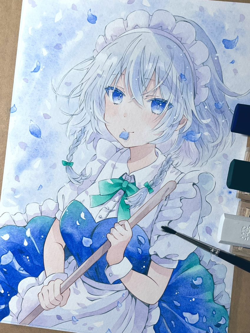 Safebooru - 1girl apron art tools in frame blue eyes blue petals bow ...