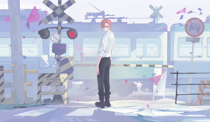 Safebooru - 1boy absurdres black boots black pants blue eyes boots brown hair commentary request ...