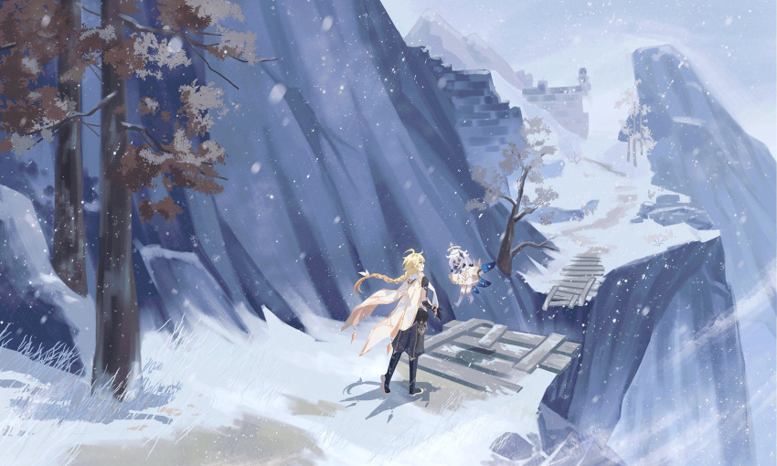 Safebooru - 1boy 1girl aether (genshin impact) black boots blonde hair boots braid brown pants ...