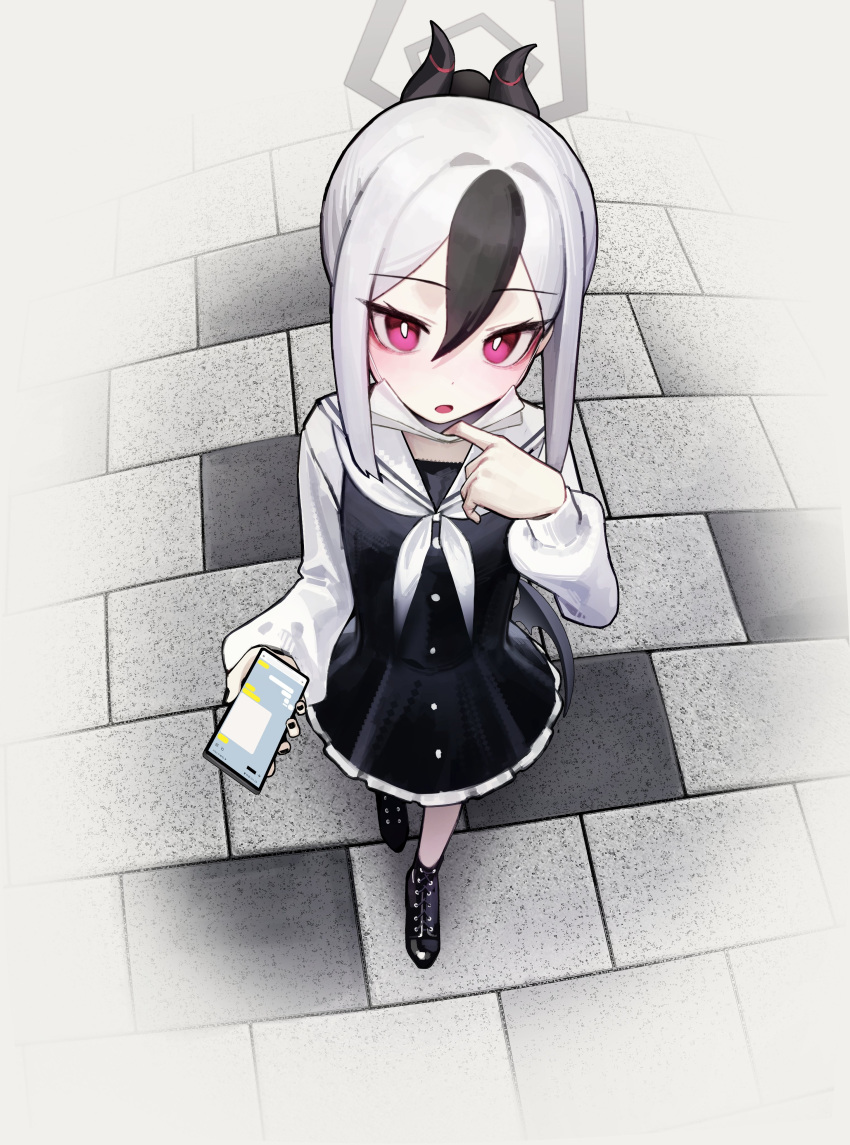 Safebooru - 1girl absurdres black hair black shoes blue archive cellphone demon horns halo ...