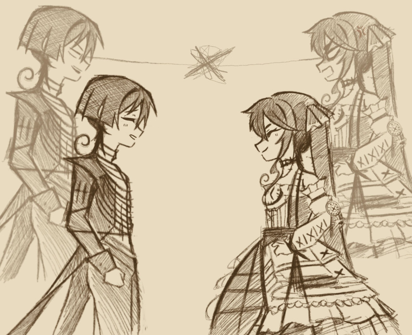 Safebooru - 1boy 1girl alternate costume arm at side blank eyes blunt ...