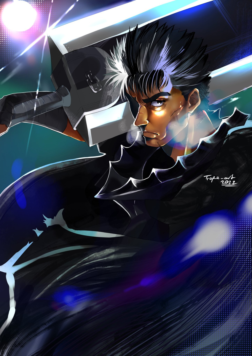 Safebooru - 1boy berserk black hair cloak closed mouth glint guts ...