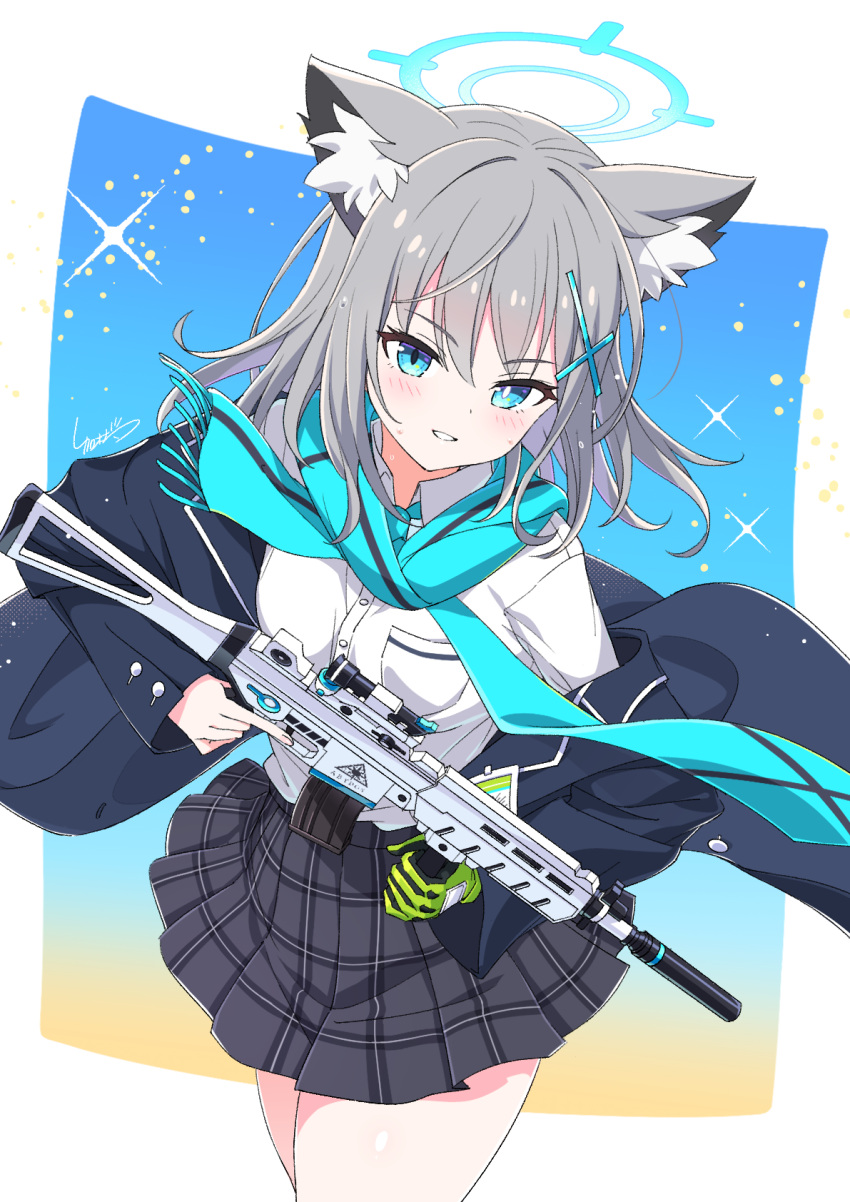 Safebooru - 1girl animal ear fluff animal ears assault rifle blazer blue archive blue background ...