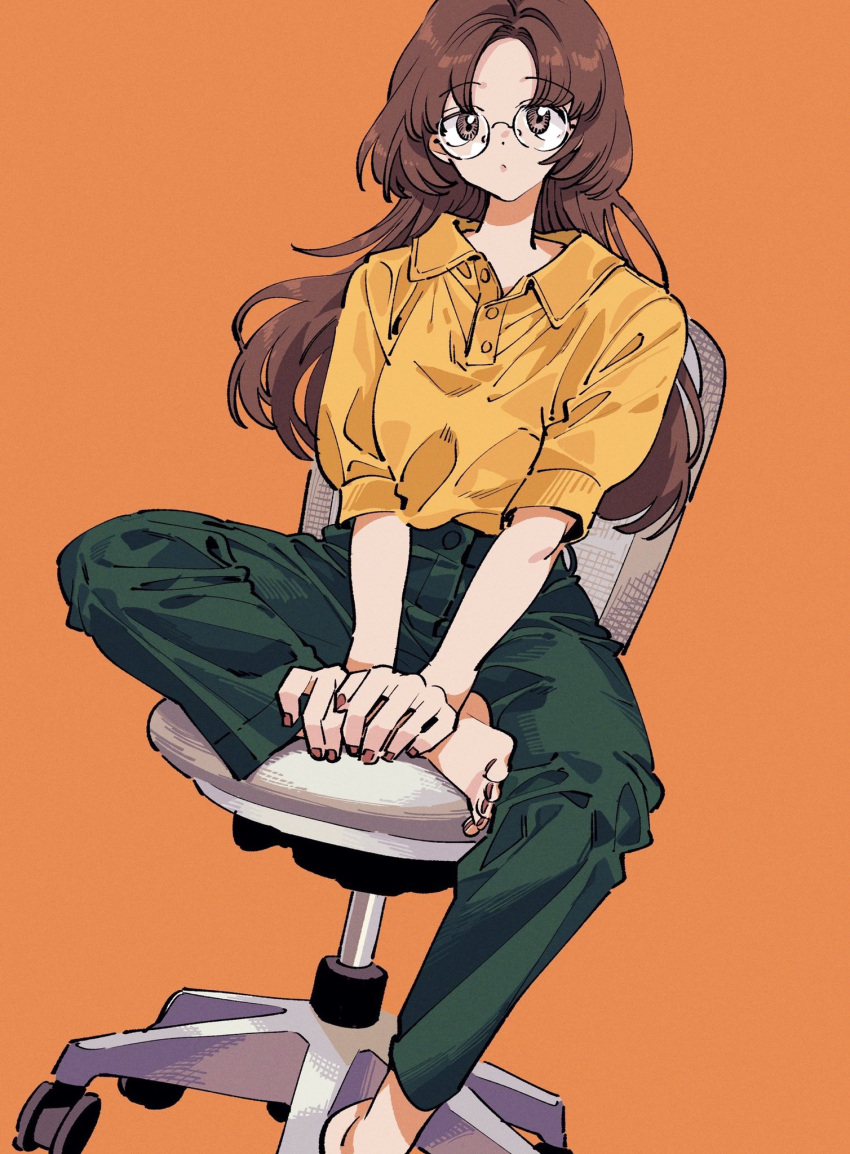 Safebooru - 1girl baggy clothes barefoot brown eyes brown hair chair ...
