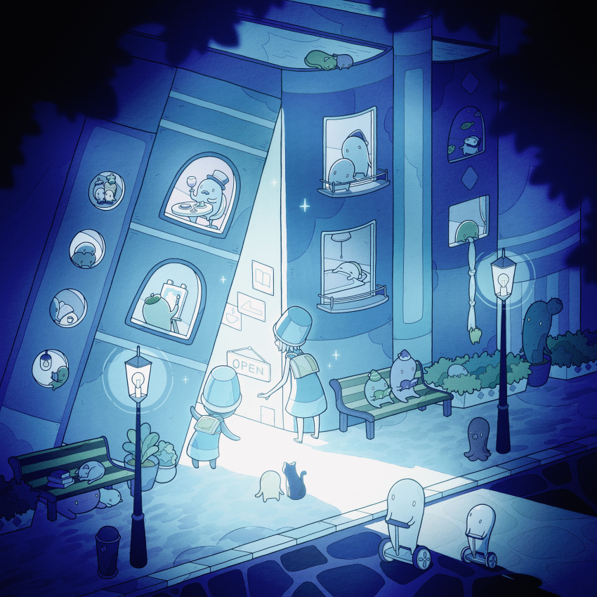 Safebooru - 1girl absurdres alley backpack bag bench beret black cat ...