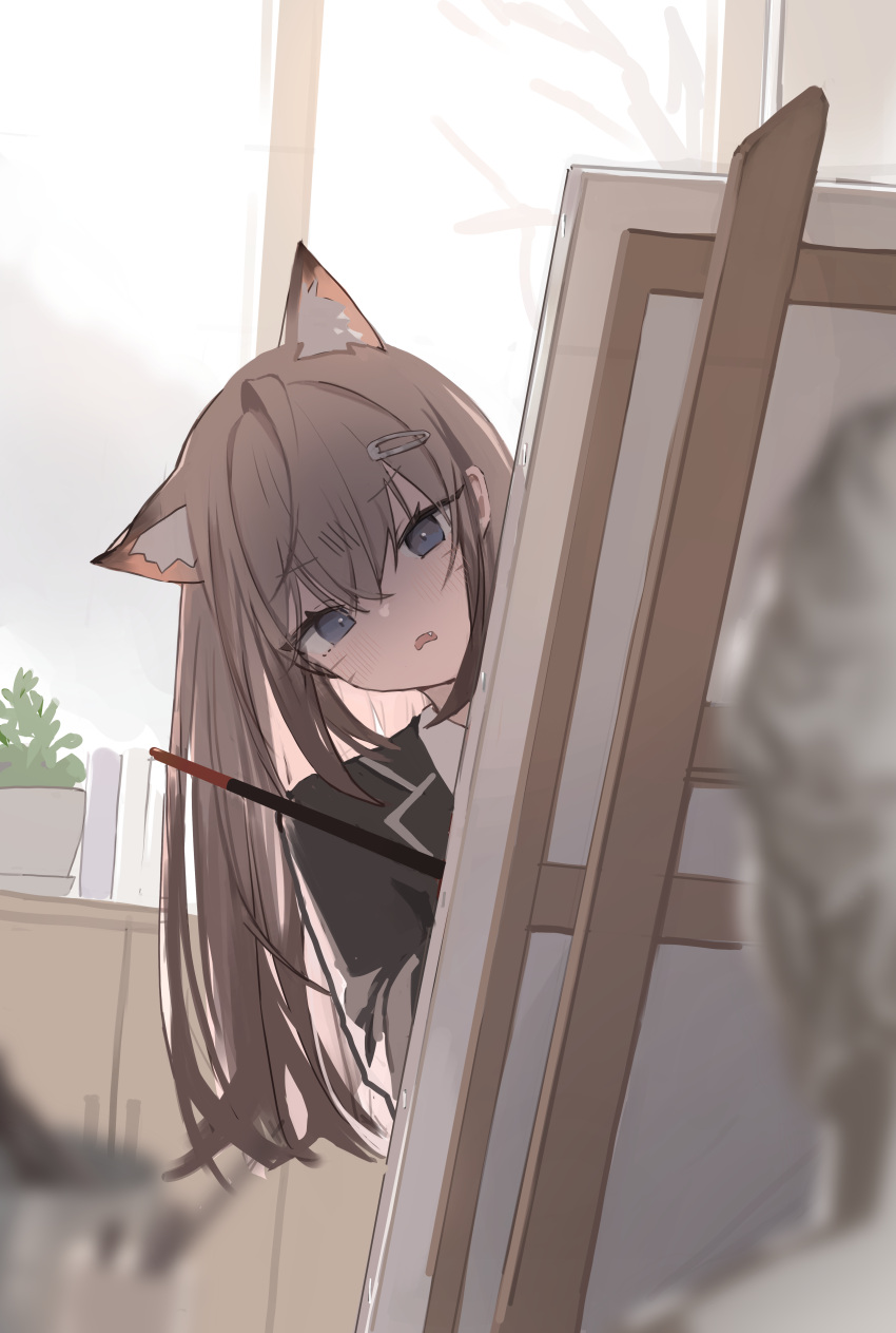 Safebooru - 1girl absurdres animal ears blazer brown hair canvas (object) disgust facial mark ...