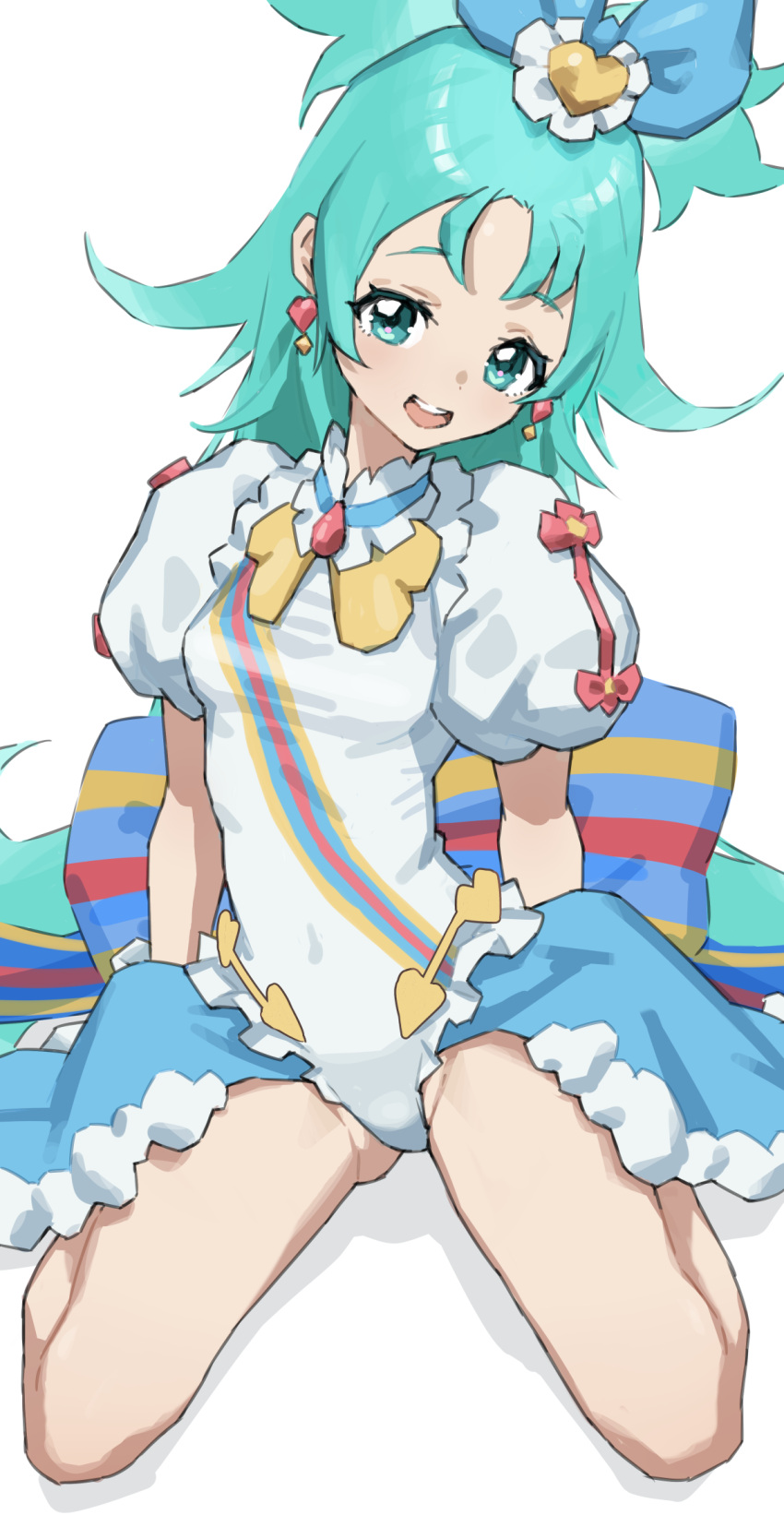 Safebooru - 1girl aqua eyes aqua hair arms behind back back bow bow earrings hair bow highres ...