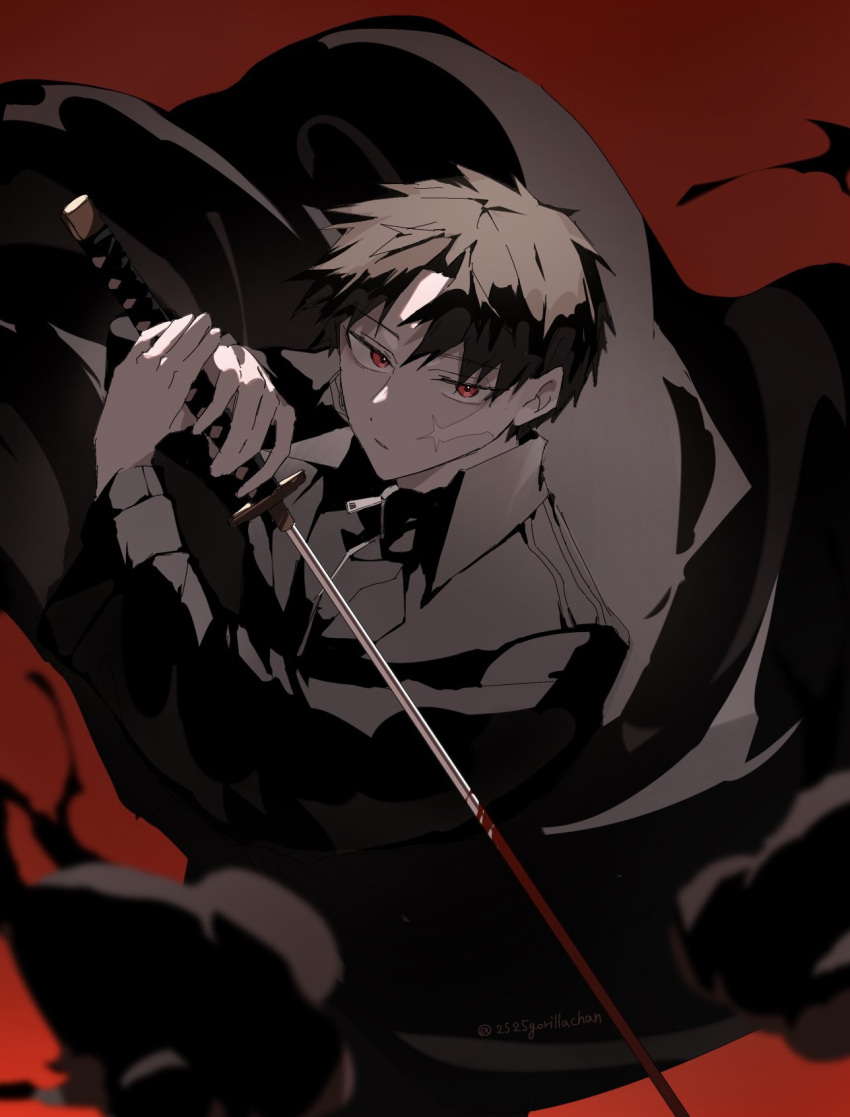 Safebooru - 1boy black hair black jacket blood blood on weapon gorira highres holding holding ...