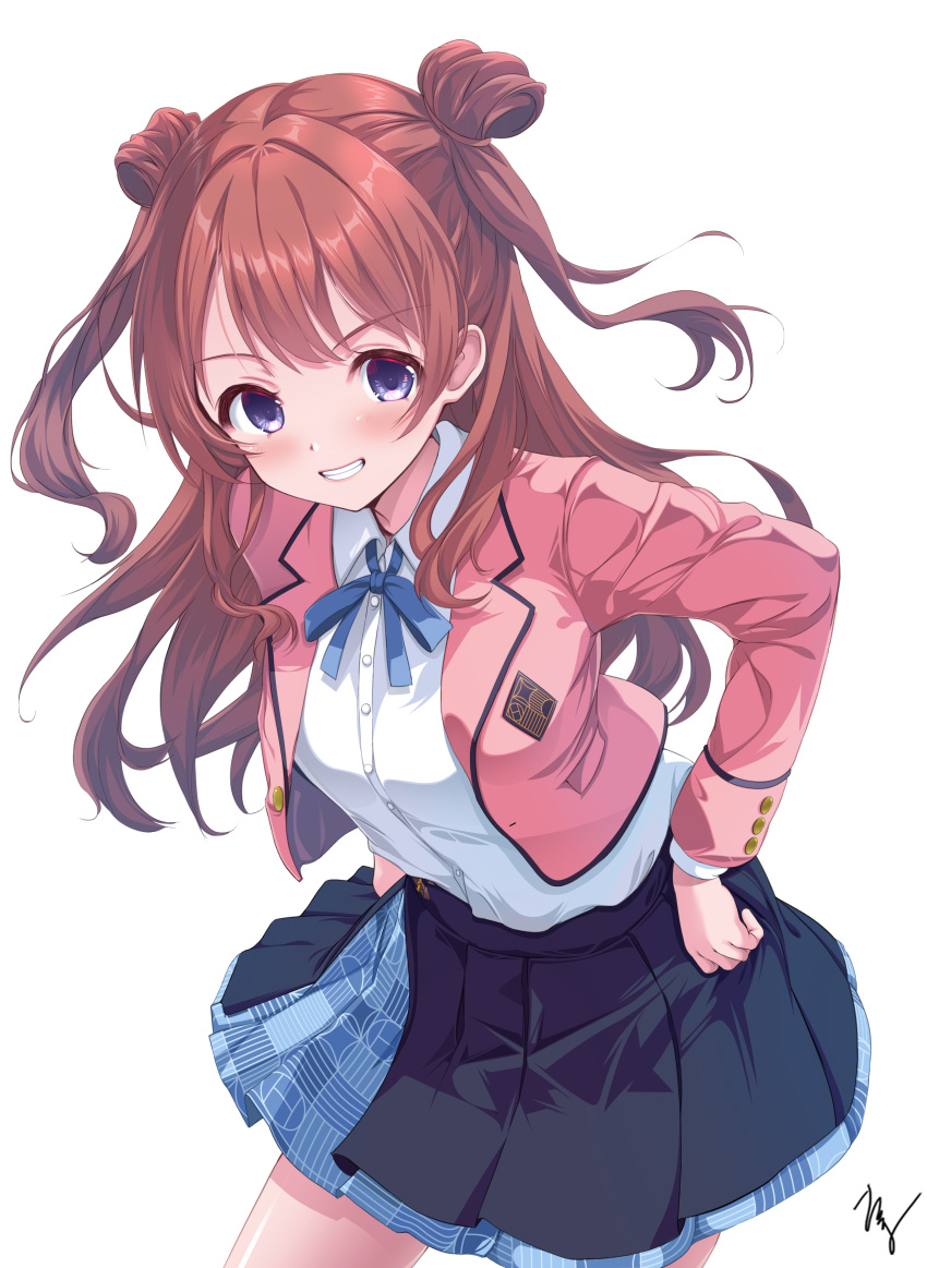 Safebooru - 1girl absurdres black overskirt blazer blue ribbon blue skirt blush brown hair ...