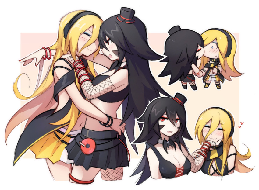 Safebooru - 2girls black hair black shirt black skirt blonde hair blush crop top fishnet ...