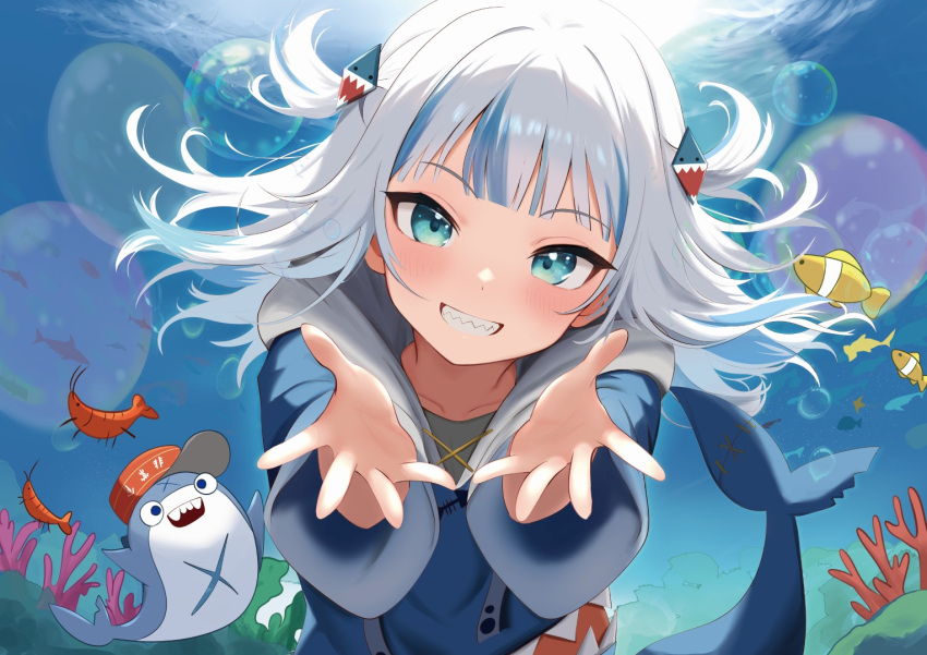Safebooru - 1girl akamiya mumu bloop (gawr gura) blue eyes blue hair blue hoodie closed mouth ...