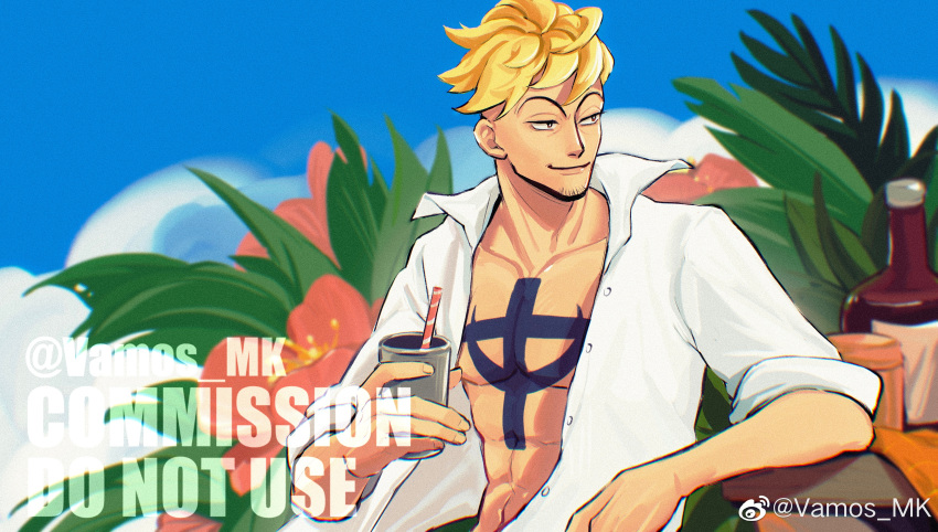 Safebooru - 1boy absurdres bare pectorals blonde hair blue sky chest tattoo collarbone cup ...