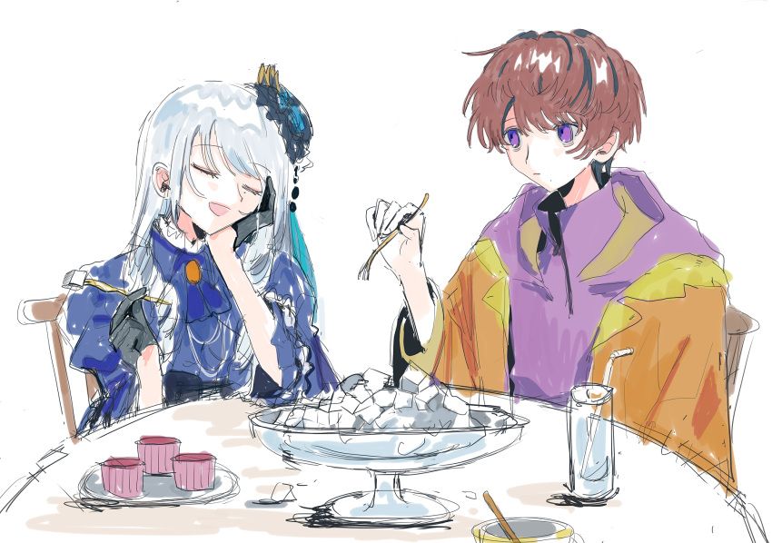 Safebooru - 1boy 1girl brown hair closed eyes food fork gloves hat ...