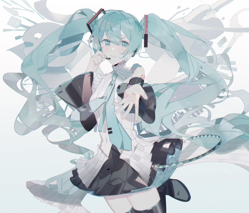 Safebooru - 1girl aqua eyes aqua hair aqua necktie black skirt black sleeves collared shirt ...