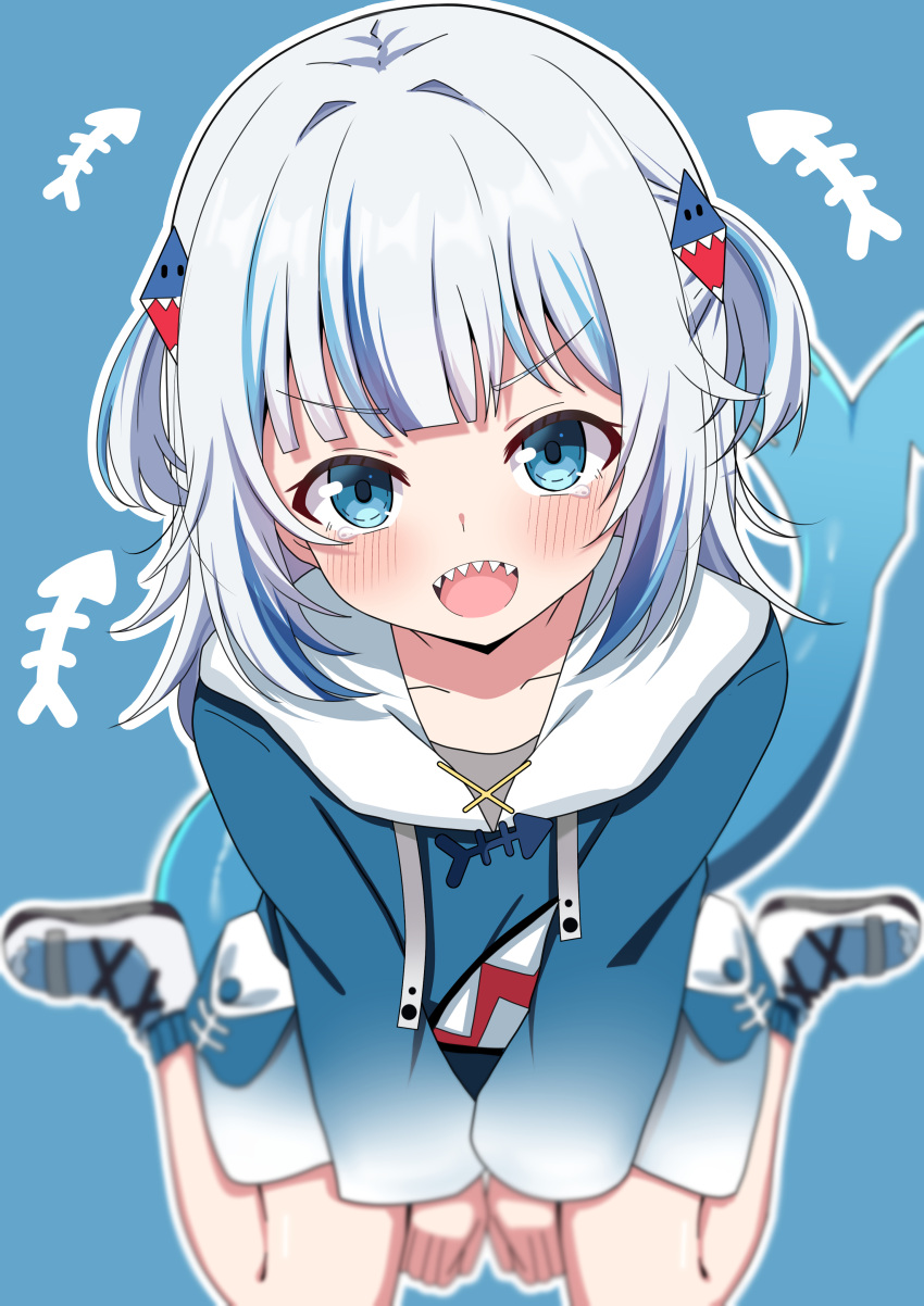 Safebooru - 1girl absurdres blue eyes blue hair blue hoodie blue shoes blush fins fish tail gawr ...
