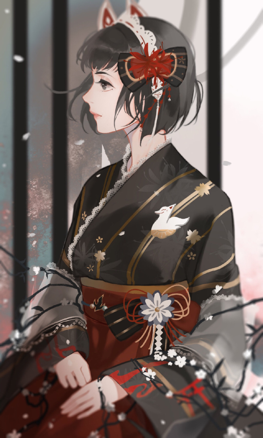 Safebooru - 1girl absurdres animal print baixue fuchunting bird print black bow black eyes black ...