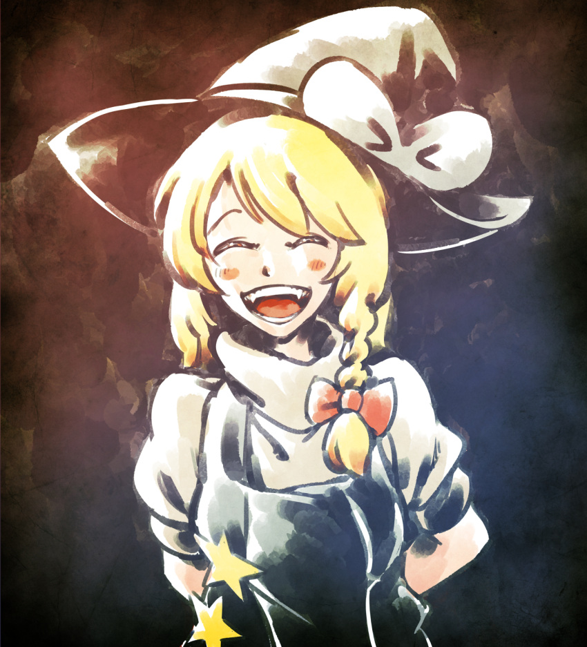 Safebooru - 1girl black background black hat black vest blonde hair blush bow braid commentary ...