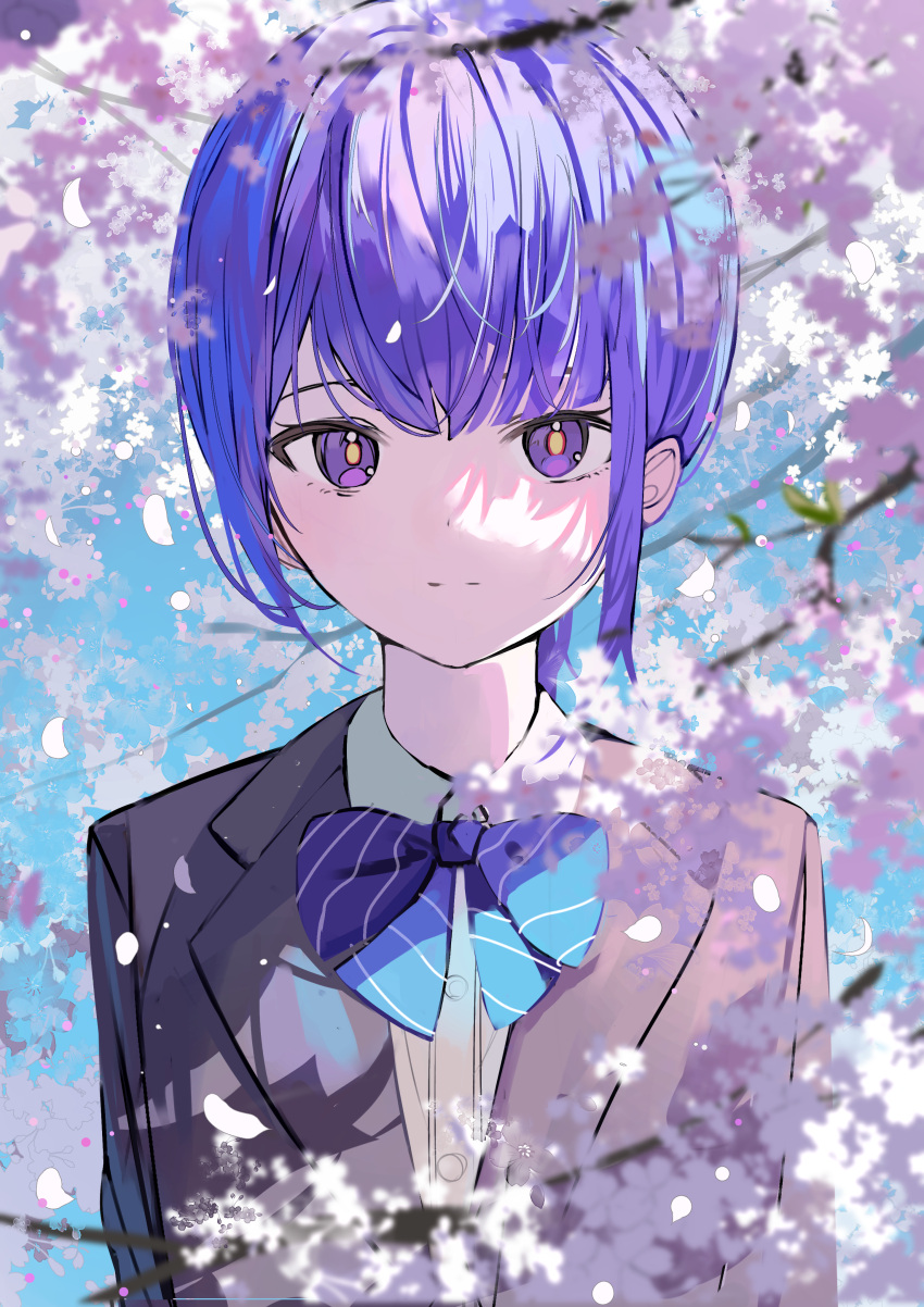 Safebooru - 1girl absurdres aroa (aroamoyasi) black jacket blue bow blue bowtie blue hair bow ...