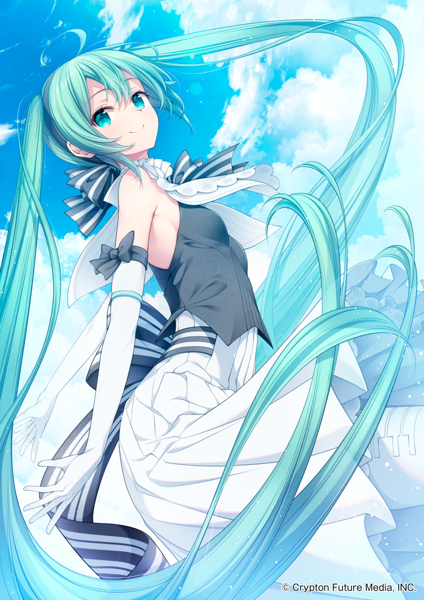 Safebooru - 1girl aqua eyes aqua hair arms behind back back bow blue sky bow bowtie closed mouth ...