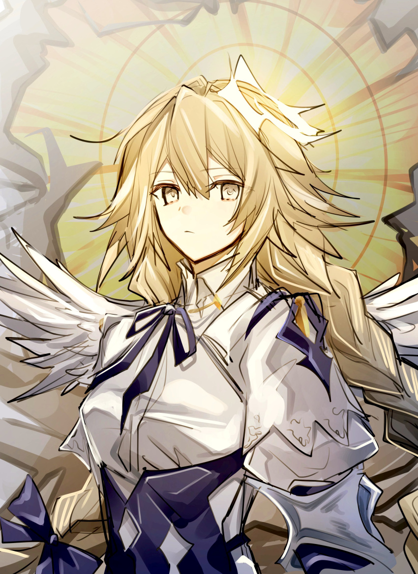 Safebooru - 1girl absurdres angel wings blonde hair blue bow blue ribbon bow braid closed mouth ...