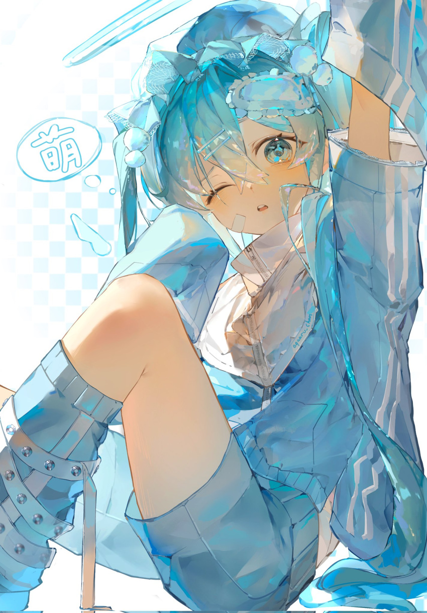 Safebooru - 1girl agaaru chan bandaid bandaid on cheek bandaid on face blue eyes blue hair blue ...