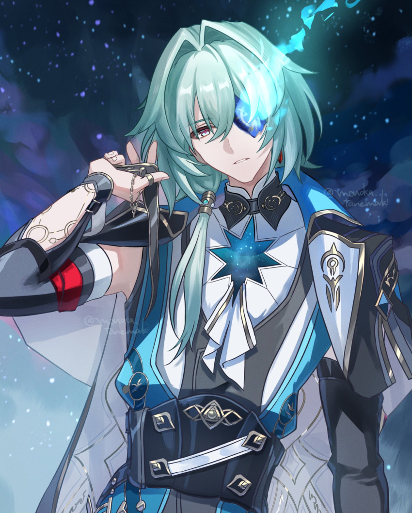 Safebooru - 1boy anaxa (honkai: star rail) aqua coat aqua eyes aqua hair ascot black capelet ...